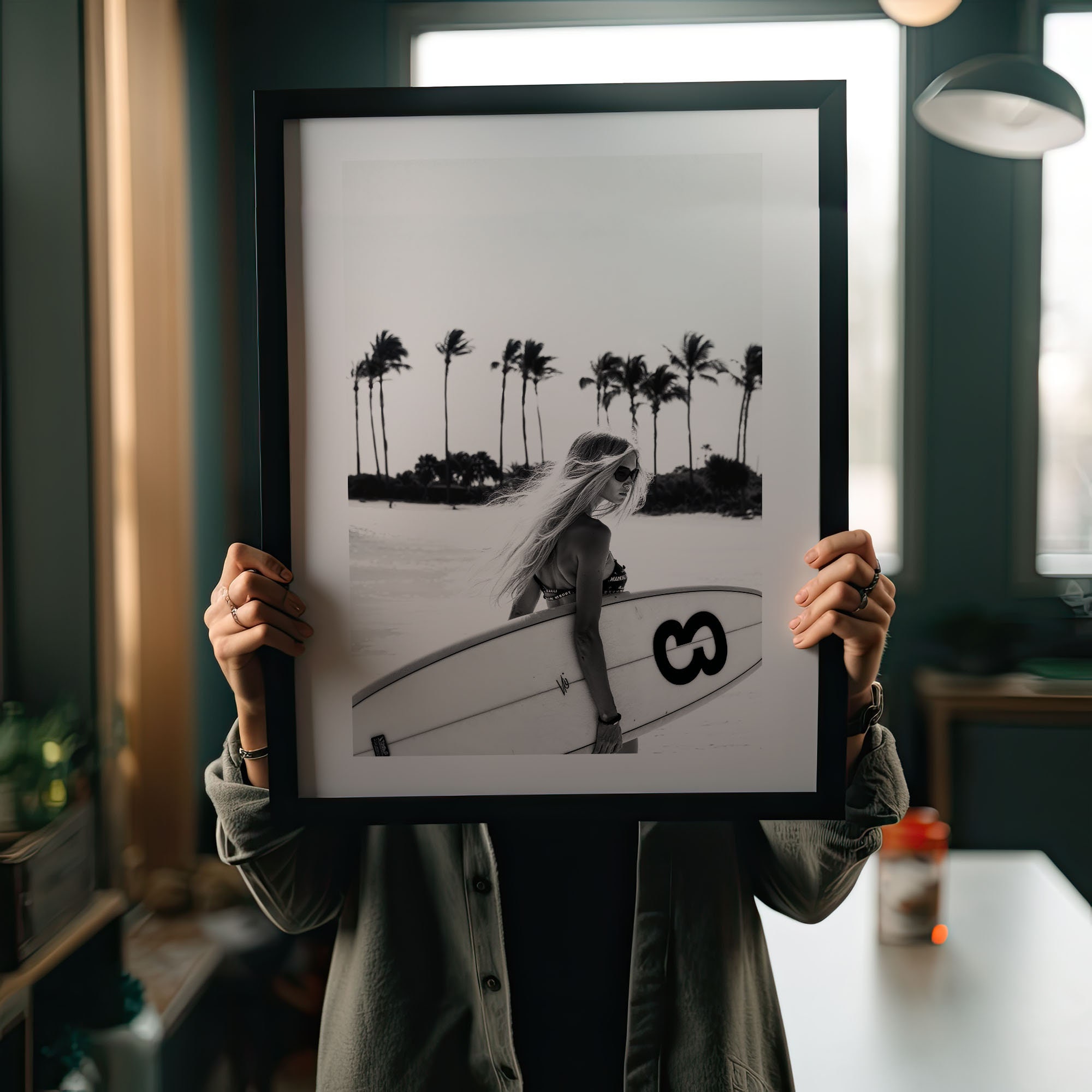 Surfboard Poster, Summer Black and White Photography of a Woman on a ...
