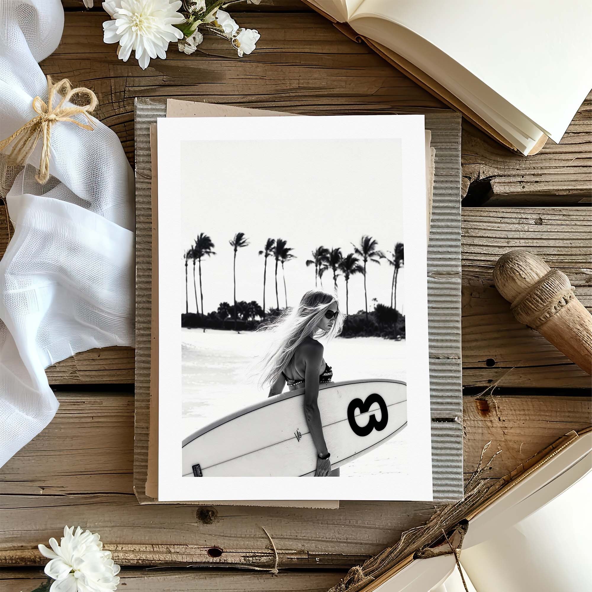 Surfboard Poster, Summer Black and White Photography of a Woman on a ...