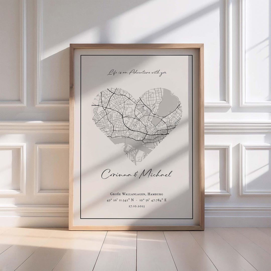 Personalized Heart City Map Poster With Names, Dates & Coordinates ...