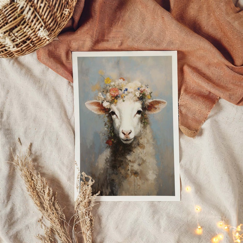 Schaf mit Blumenkranz Poster, Tierporträt als Ölgemälde Lamm, Lämmchen Sally - Etsy.de