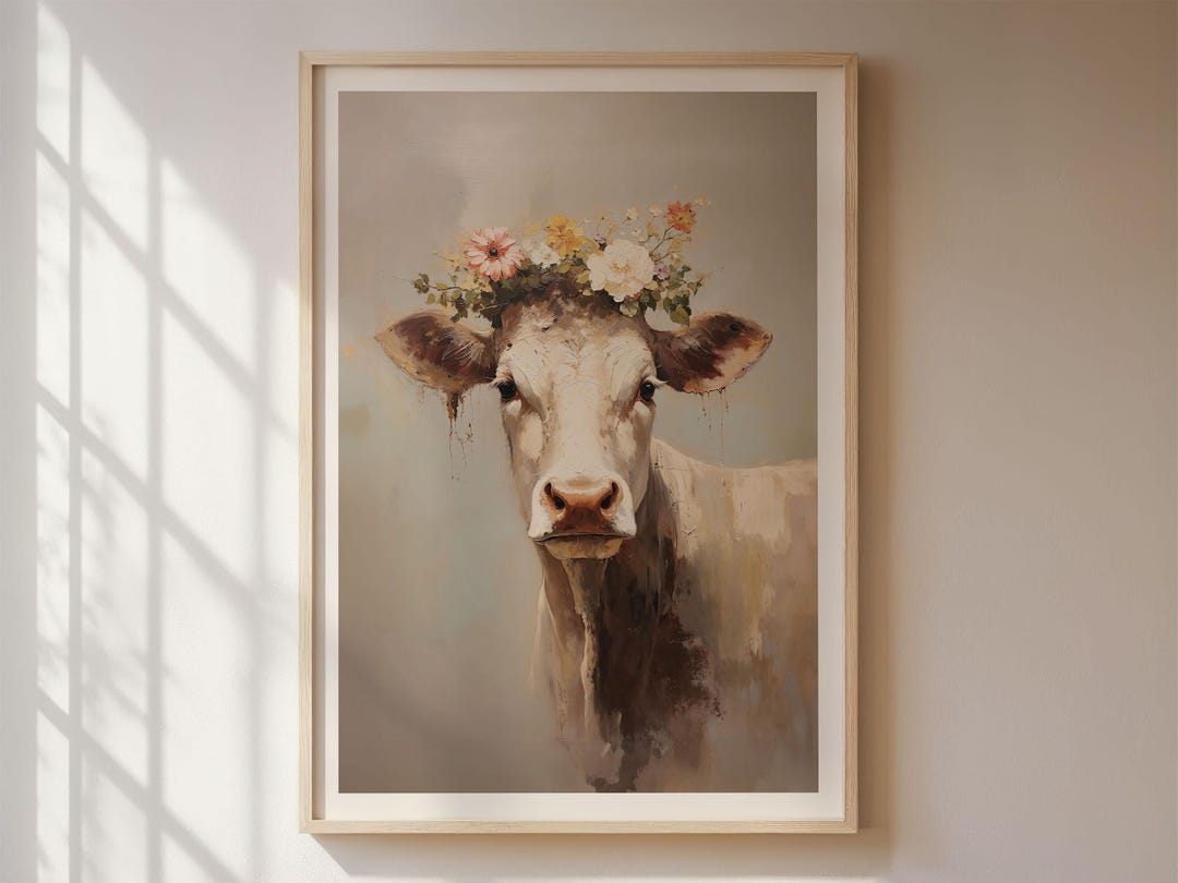 Cow With Flower Wreath Poster, Animal Portrait in the Style of an Oil ...