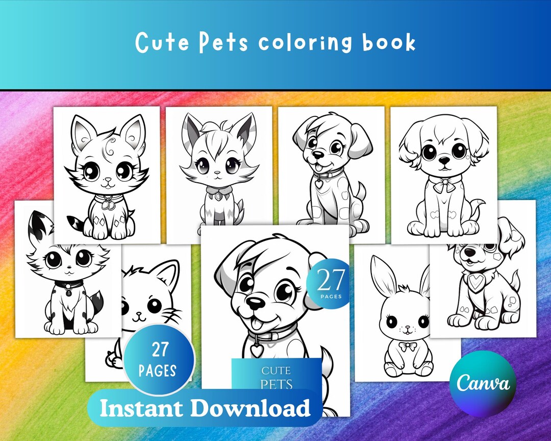 Cute Pets Coloring Pages, Pet Coloring Book for Kids, Cute Animals ...