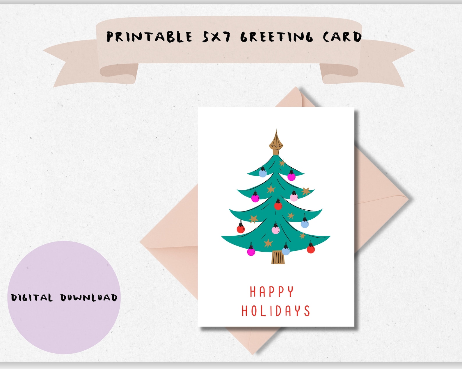 Printable Happy Holidays Greeting Card, Digital Christmas Card, 5x7 ...