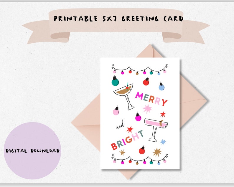 Printable Merry and Bright Greeting Card Digital Christmas - Etsy