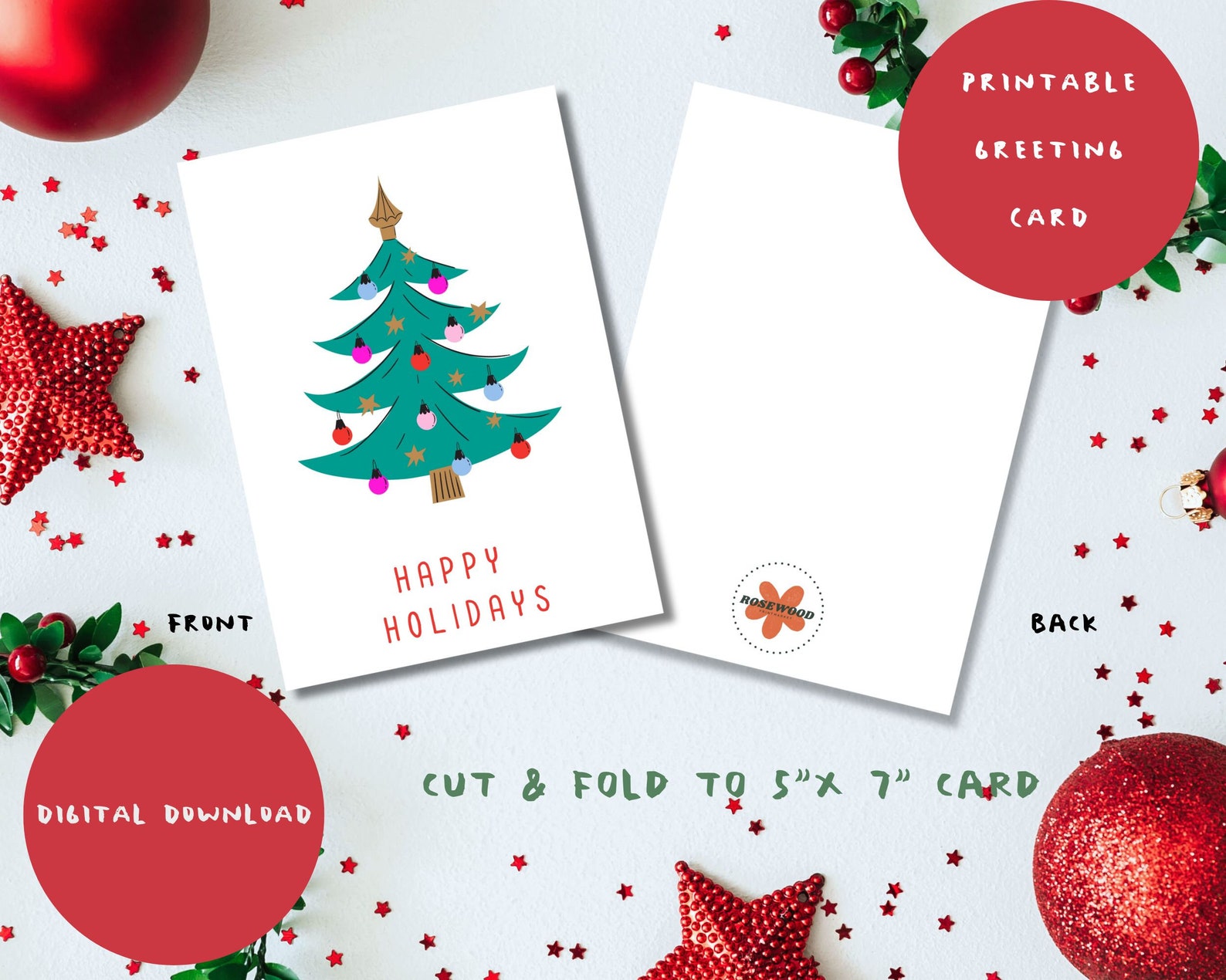 Printable Happy Holidays Greeting Card, Digital Christmas Card, 5x7 ...