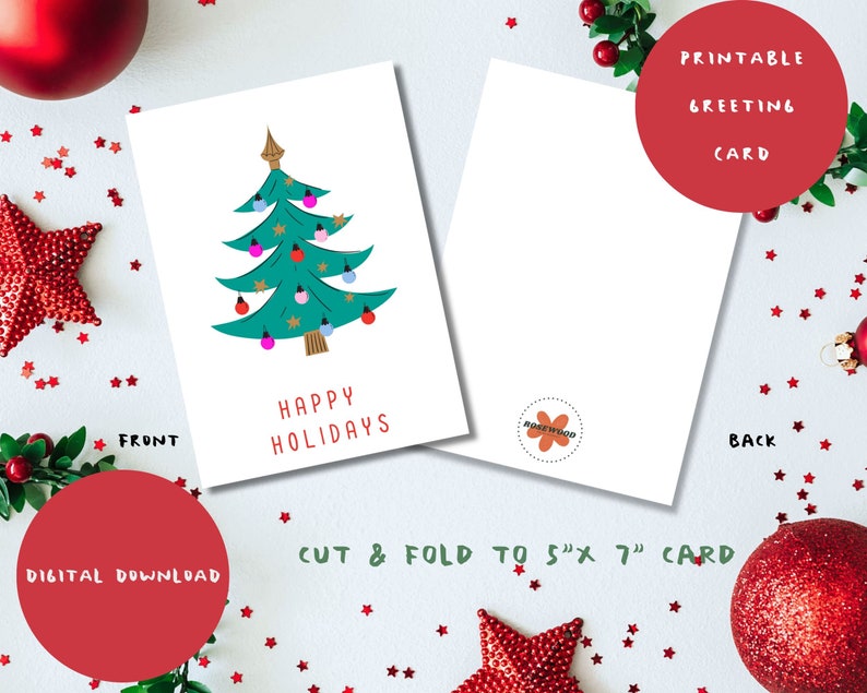 Printable Happy Holidays Greeting Card, Digital Christmas Card, 5x7 ...
