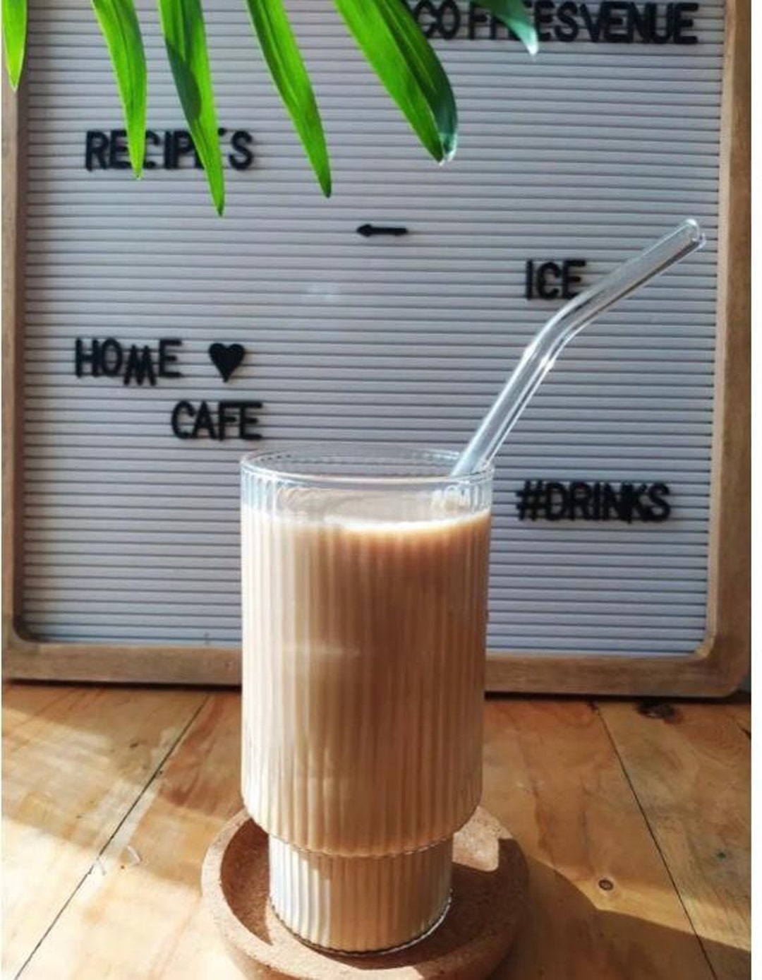 Sunflower Ribbed Glass With Lid and Straw, Glassware, Ice Coffee Glass ...