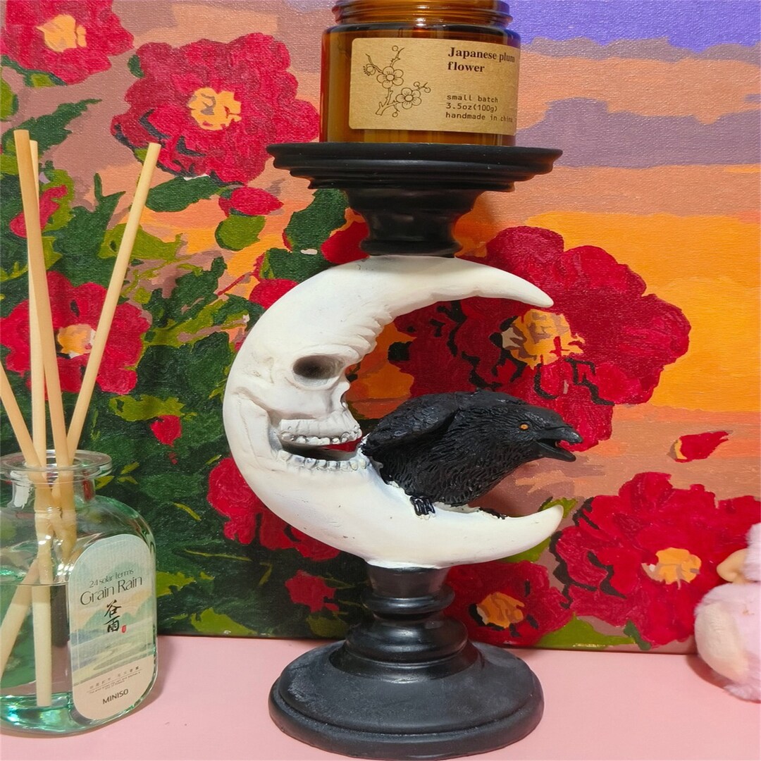Gothic Dark Moon Raven Candlestick Skull Candlestick - Etsy