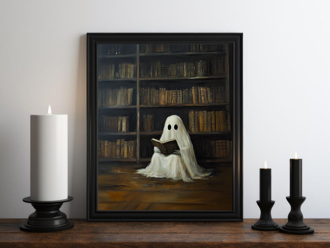 Halloween Ghost Oil Painting Print, Dark Academia Decor, Ghost Library ...