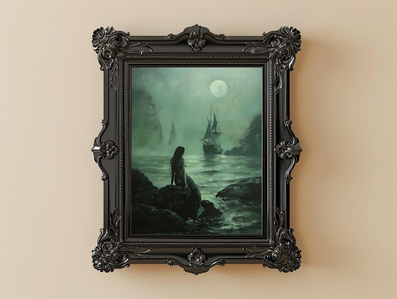 Dark Academia Mermaid Oil Painting, Dark Wall Art, Moody Decor ...