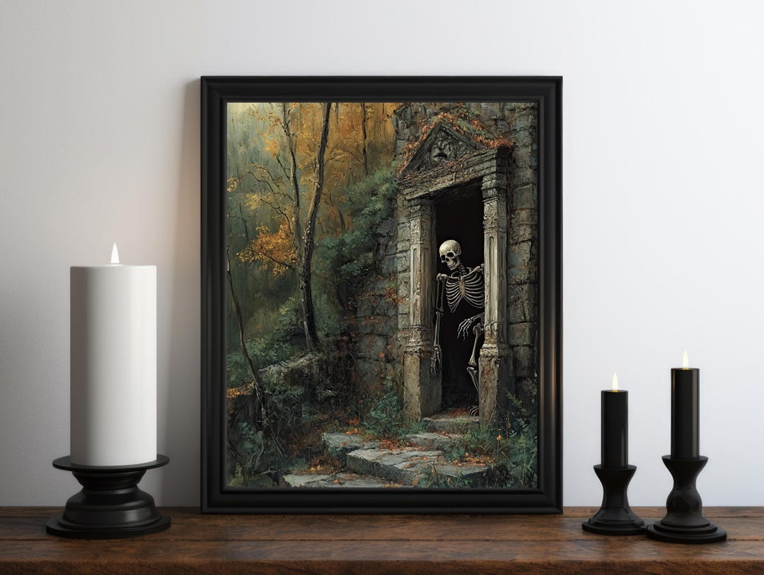 Dark Academia Skeleton Crypt Oil Painting, Spooky Wall Art, Moody Decor ...