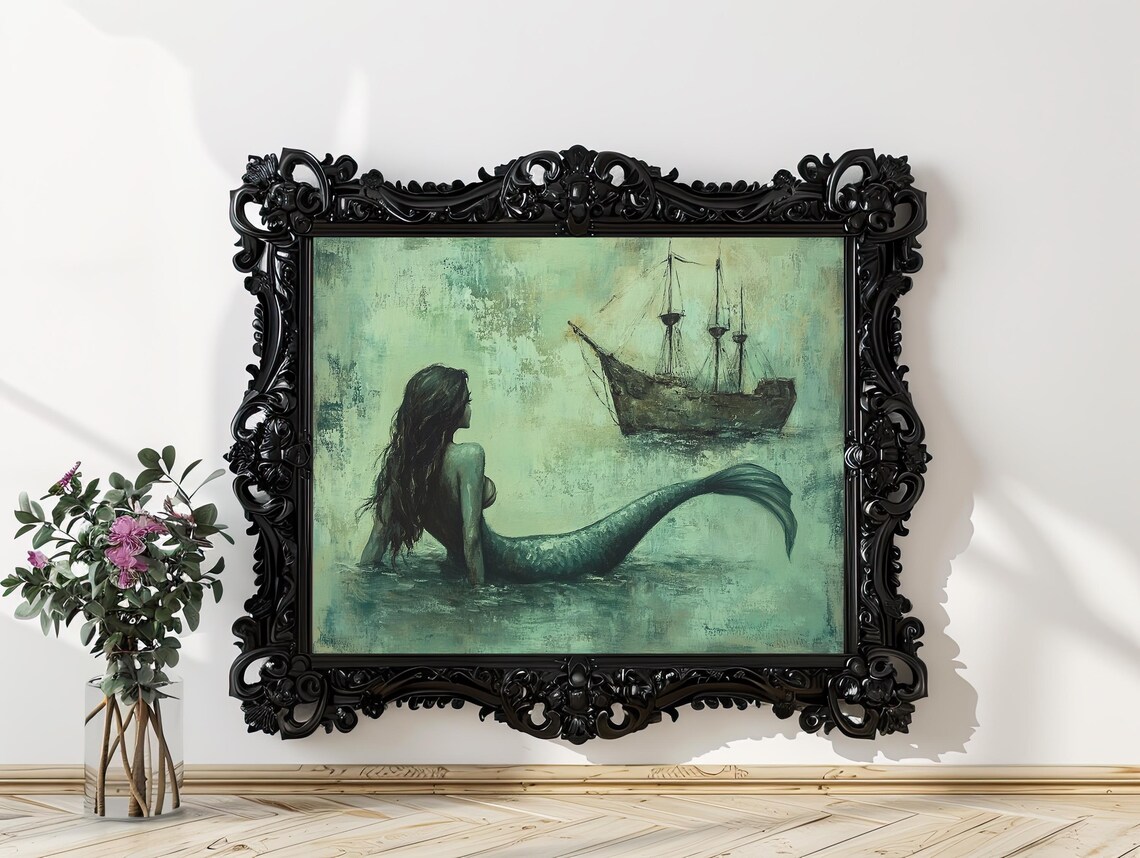 Dark Academia Mermaid Oil Painting Print, Dark Wall Art, Moody Decor ...