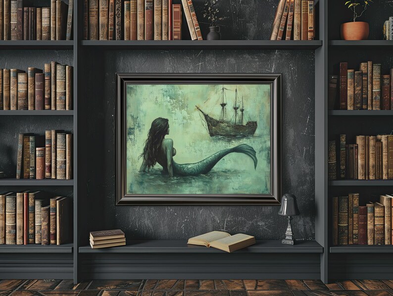 Dark Academia Mermaid Oil Painting Print, Dark Wall Art, Moody Decor ...