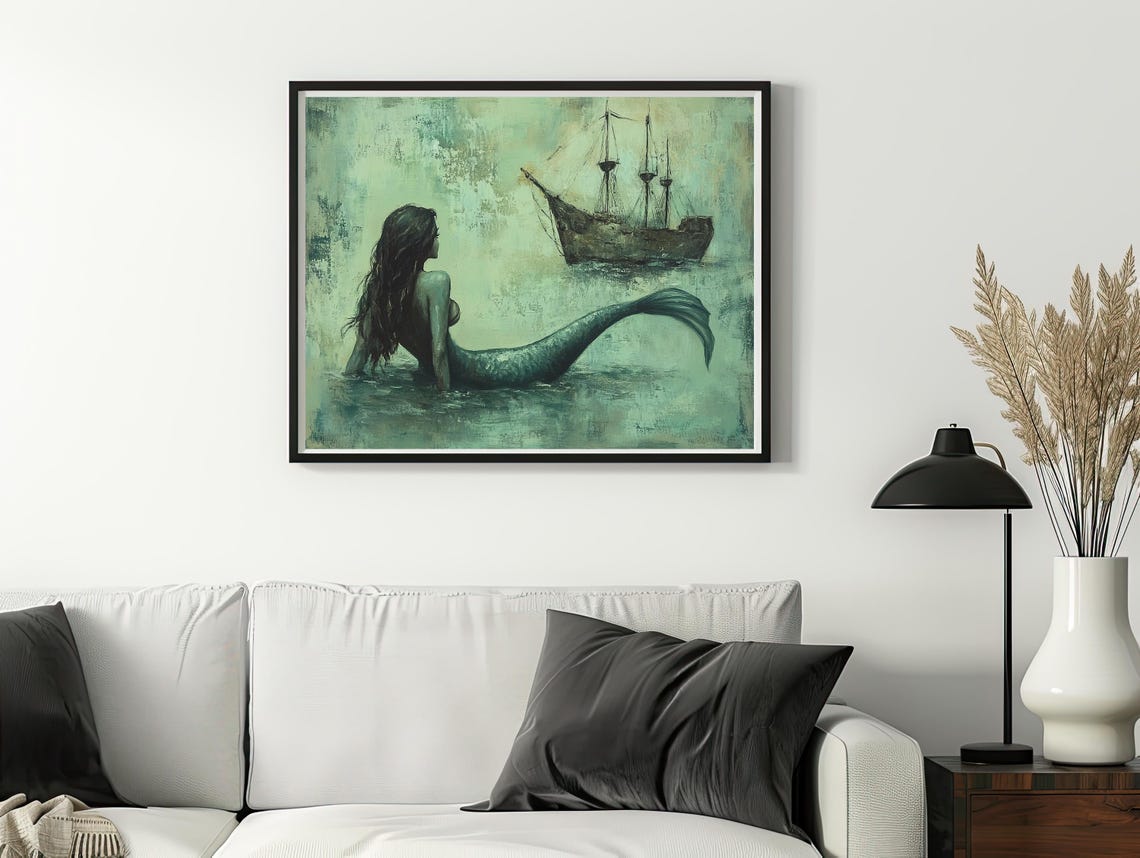 Dark Academia Mermaid Oil Painting Print, Dark Wall Art, Moody Decor ...