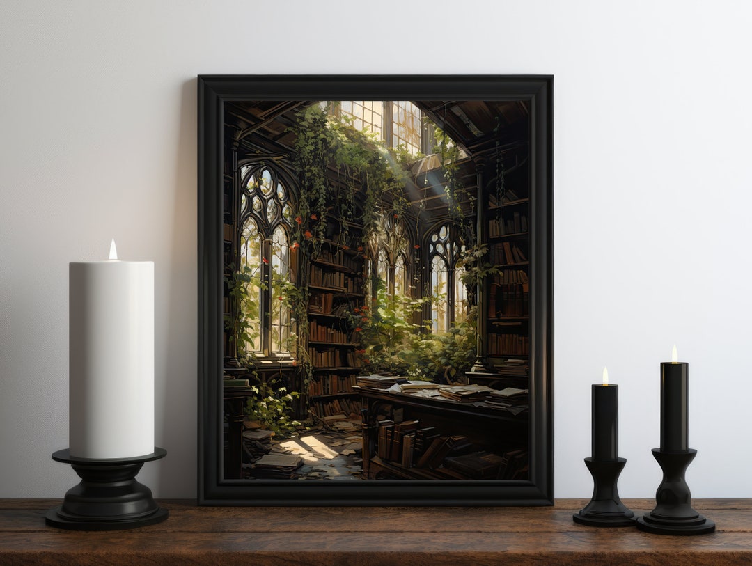 Dark Academia Nature Oil Painting Wall Art Print, Moody Library, Moody ...