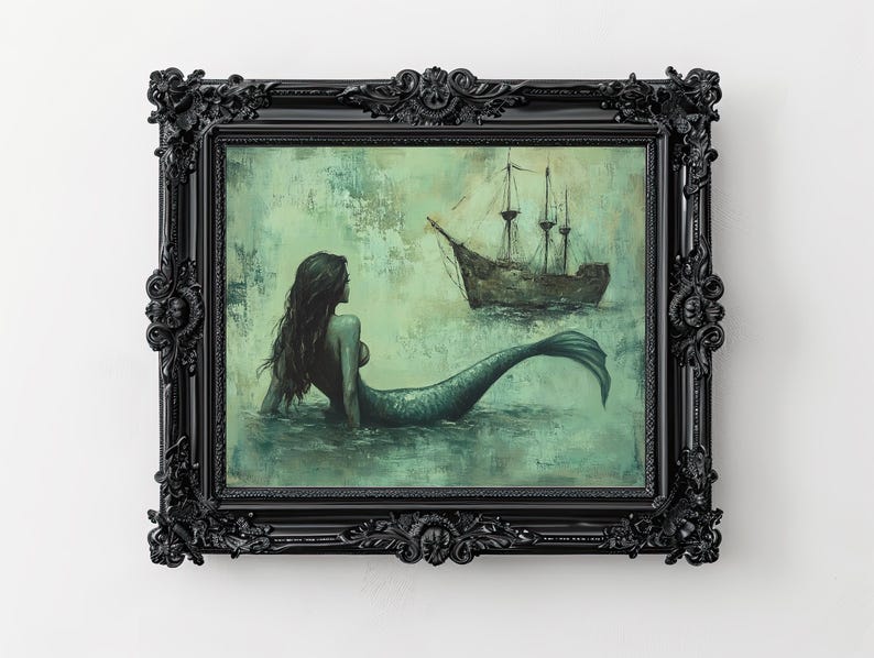 Dark Academia Mermaid Oil Painting Print, Dark Wall Art, Moody Decor ...