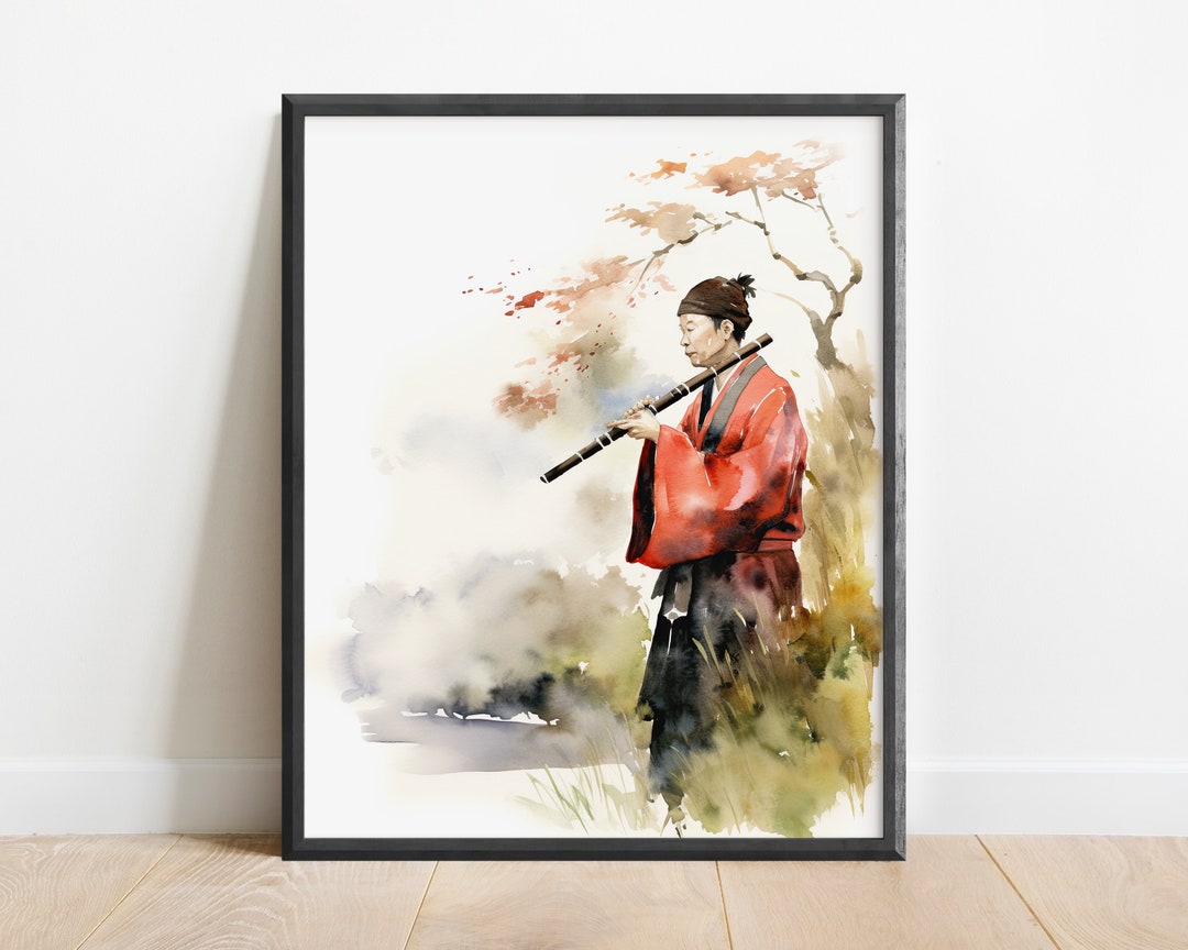 Watercolor Japanese Flute Player Wall Art Print, Oriental Art ...