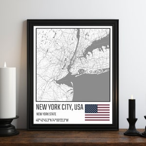 New York City Map Wall Art Print, US Flag, City Map Art, Traveling Art ...