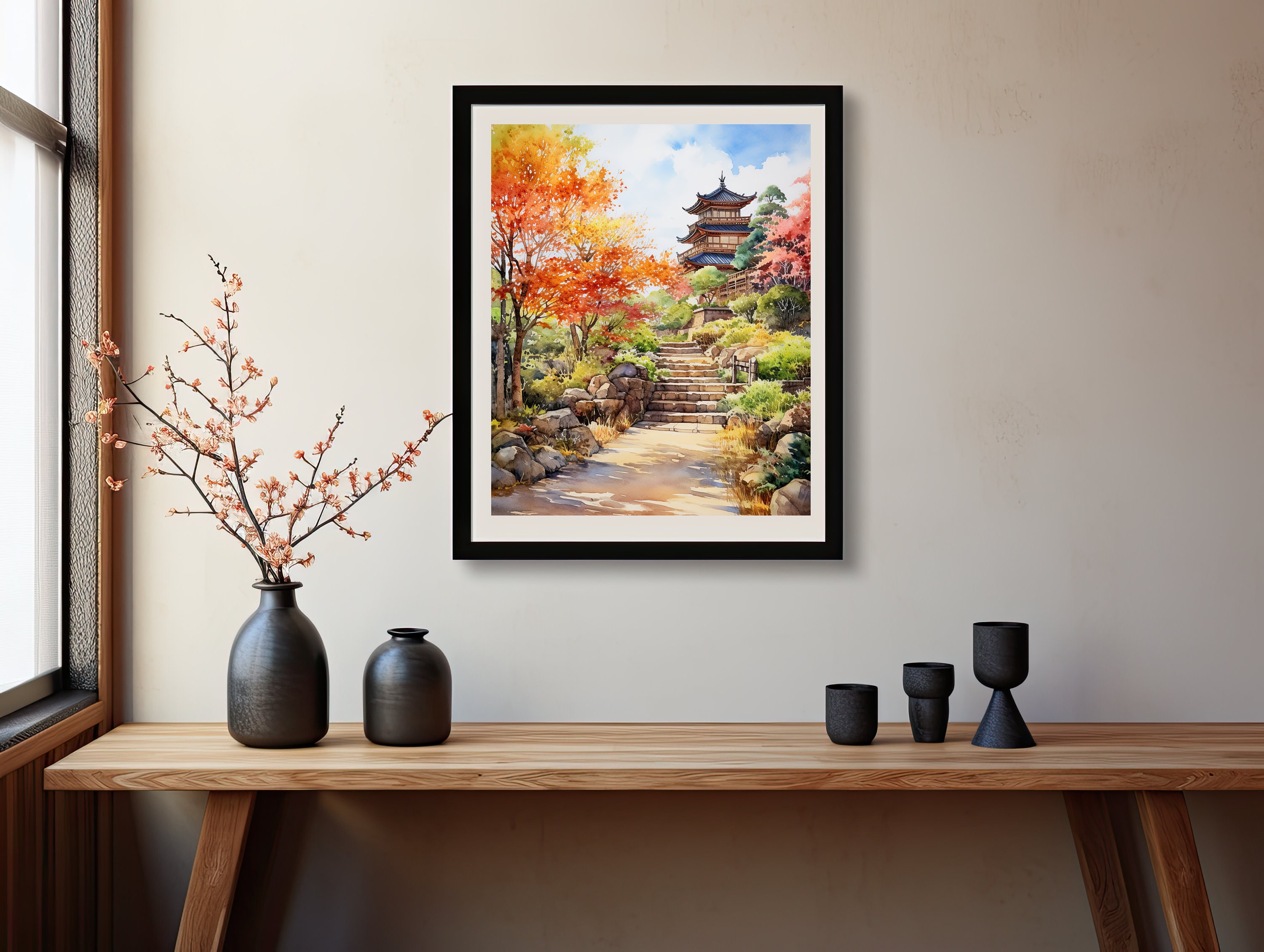 Watercolor Japanese Countryside Wall Art Print, Oriental Art, Cozy ...