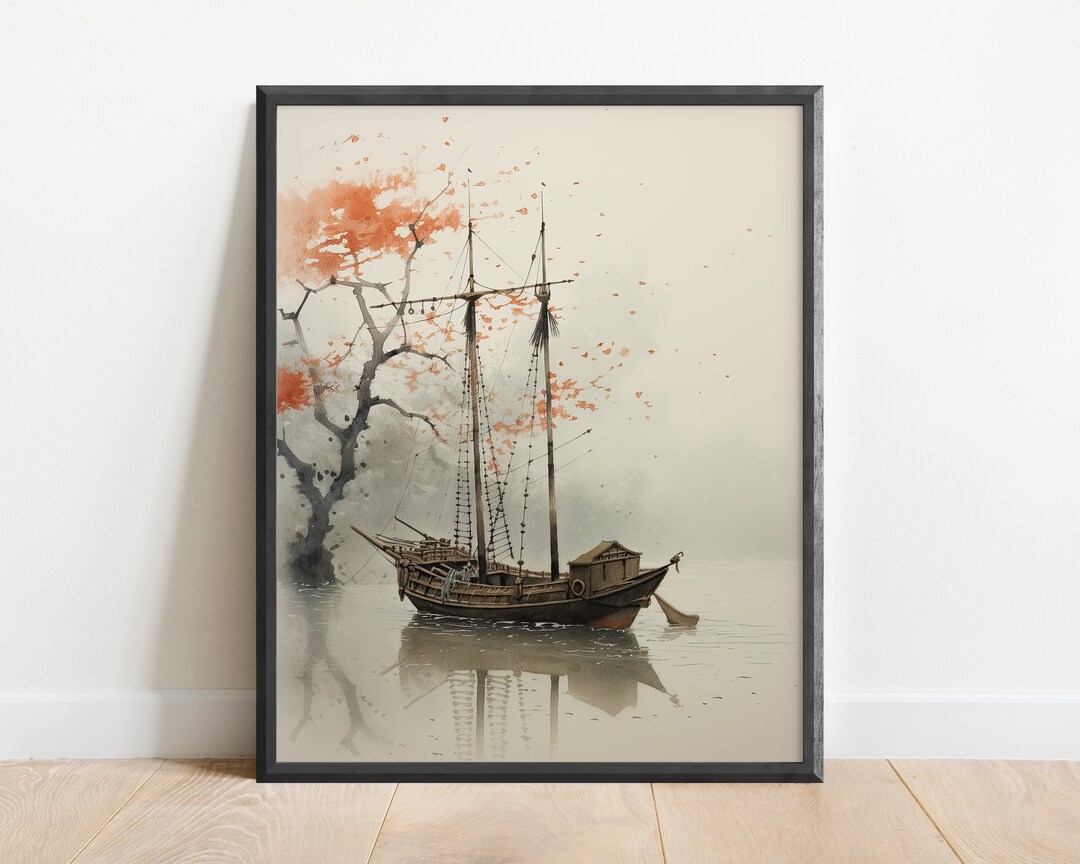 Watercolor Japanese Boat Wall Art Print, Sumi E Art, Japanese Wall Art ...