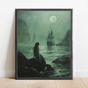Dark Academia Mermaid Oil Painting, Dark Wall Art, Moody Decor ...