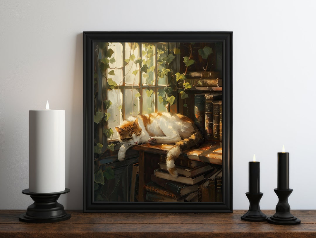 Dark Academia Cat Oil Painting Wall Art Print, Flower Shop, Cat Print ...