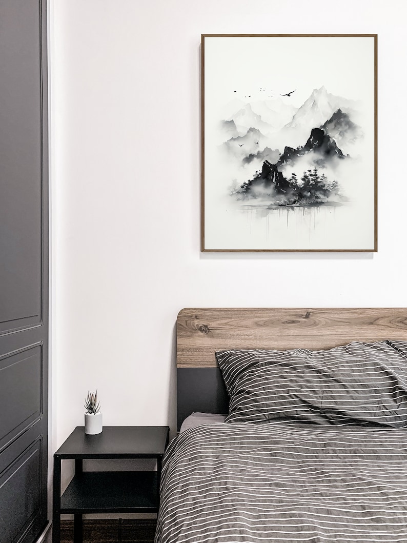 Watercolor Japanese Mountain Wall Art Print, Sumi E Style, Kyoto Decor ...