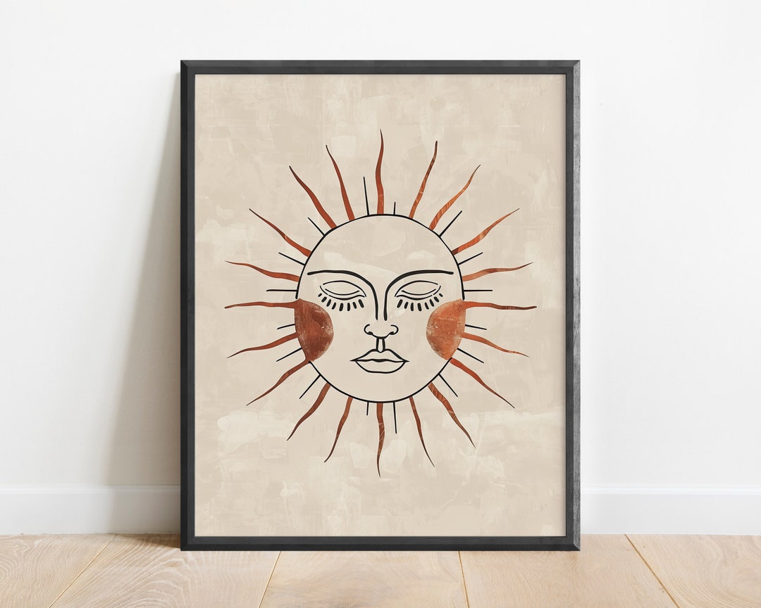 Boho Sun Face Art Print, Bohomodern Wall Print, Sun Wall Art, Neutral ...