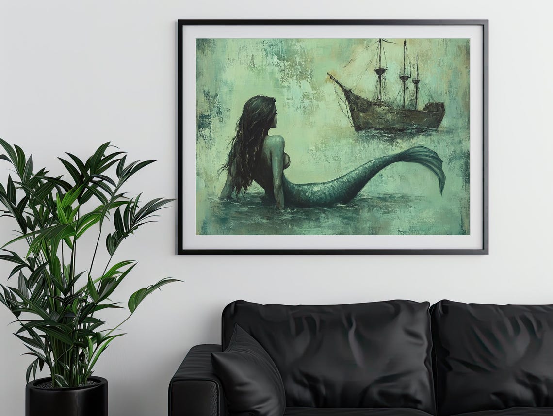 Dark Academia Mermaid Oil Painting Print, Dark Wall Art, Moody Decor ...