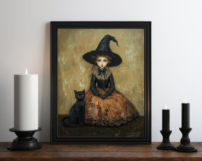 Witch in a Field With Black Cat Poster, Halloween Wall Art, Witchy Art ...