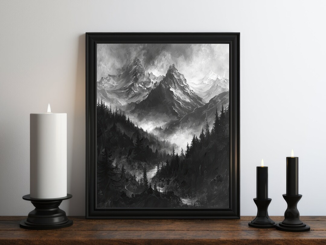 Dark Academia Mountain Forest Oil Painting Wall Art Print, Occult Moon ...