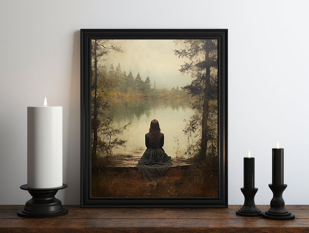 Dark Academia Witch Lake Oil Painting, Dark Wall Art, Moody Decor ...