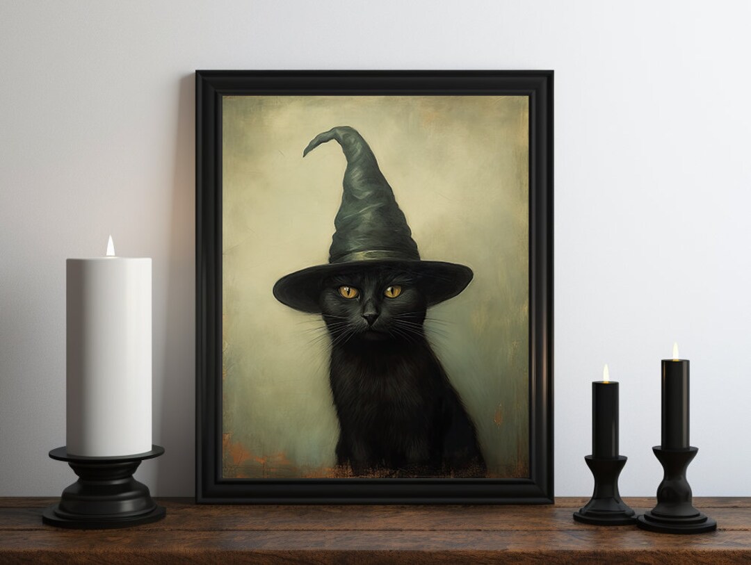 Black Cat Witch Oil Painting, Dark Academia Decor, Dark Wall Art, Moody ...