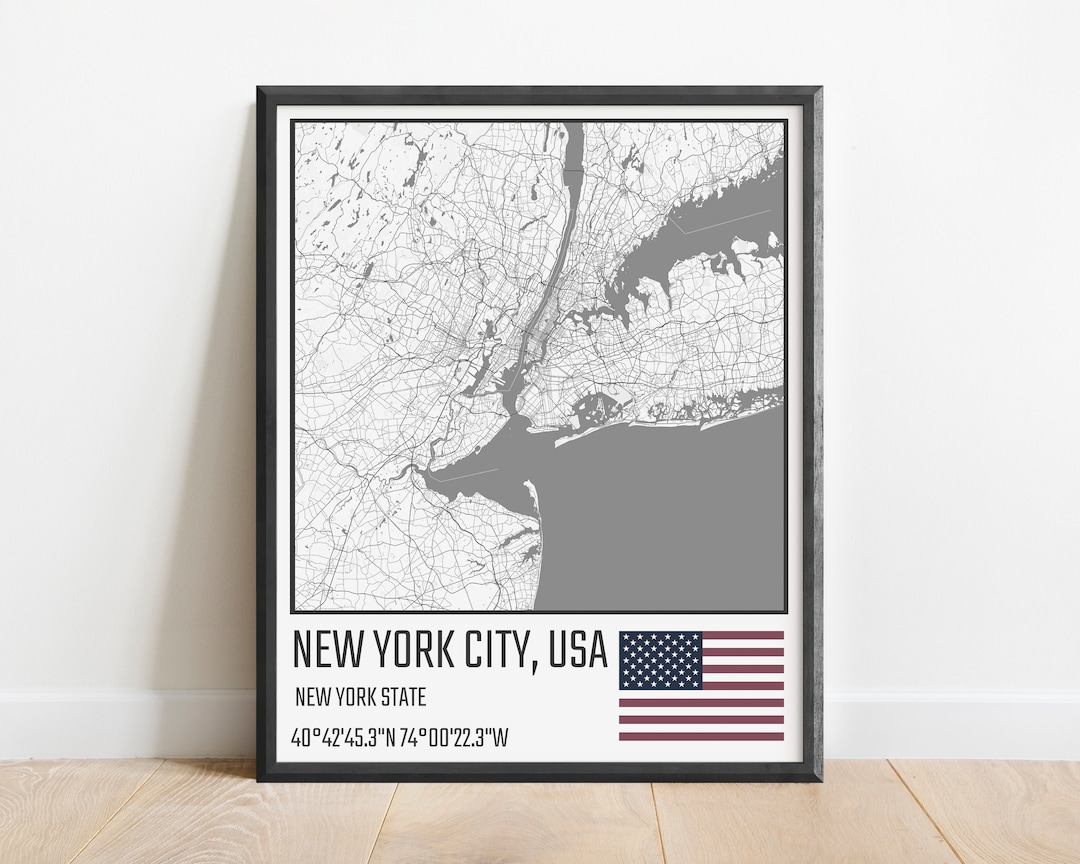 New York City Map Wall Art Print, US Flag, City Map Art, Traveling Art ...