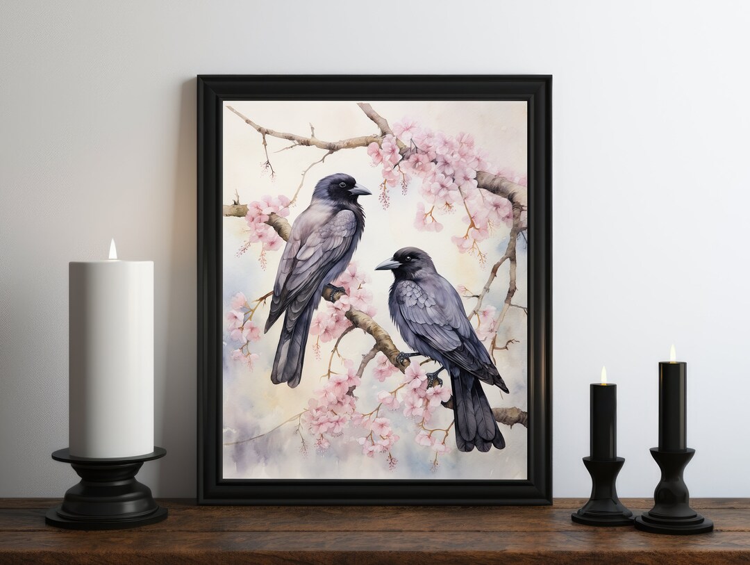 Watercolor Japanese Ravens, Japan Wall Art Print, Sakura Tree Art ...