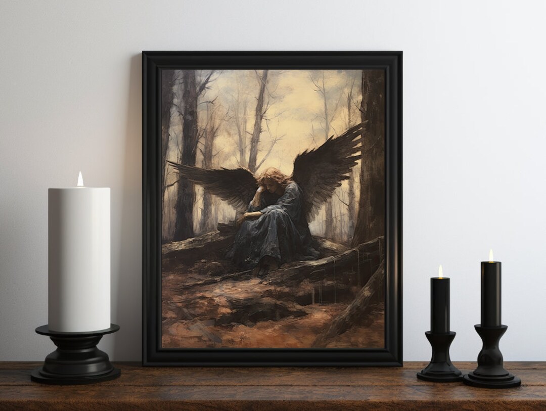 Fallen Angel Oil Painting, Dark Academia Decor, Dark Wall Art, Moody ...