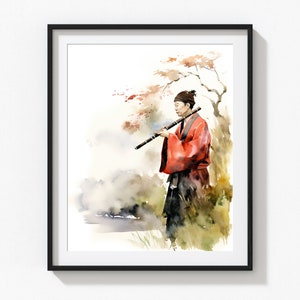 Watercolor Japanese Flute Player Wall Art Print, Oriental Art ...