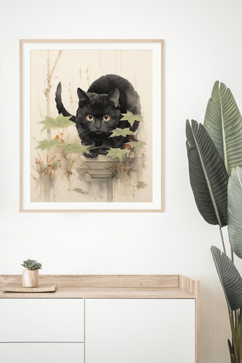 Watercolor Black Cat Wall Art Print Cat Art Summer Decor - Etsy