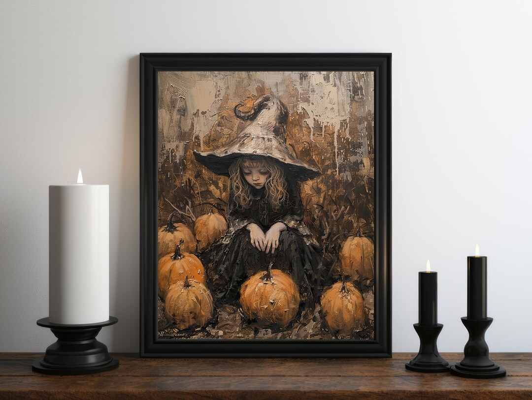Pumpkin Witch Oil Painting Wall Art Print, Halloween Wall Art ...