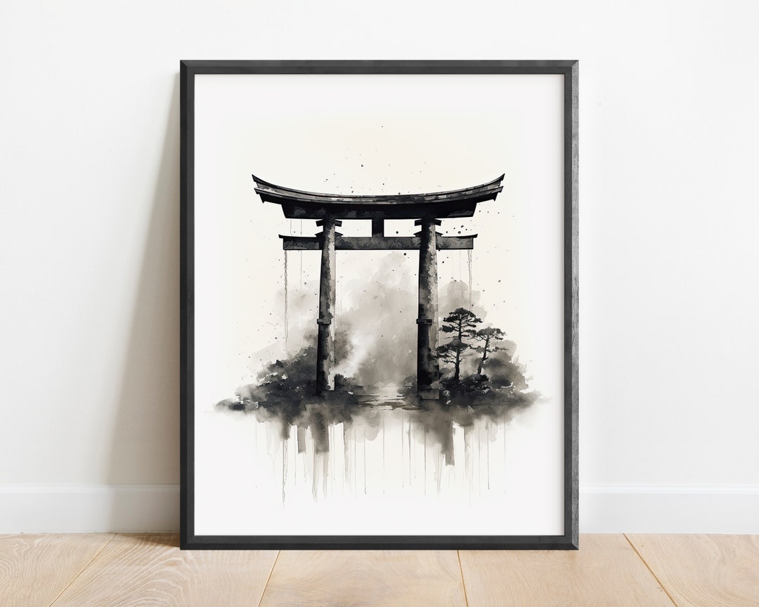 Watercolor Japanese Torii Gate Wall Art Print Sumi E Style - Etsy