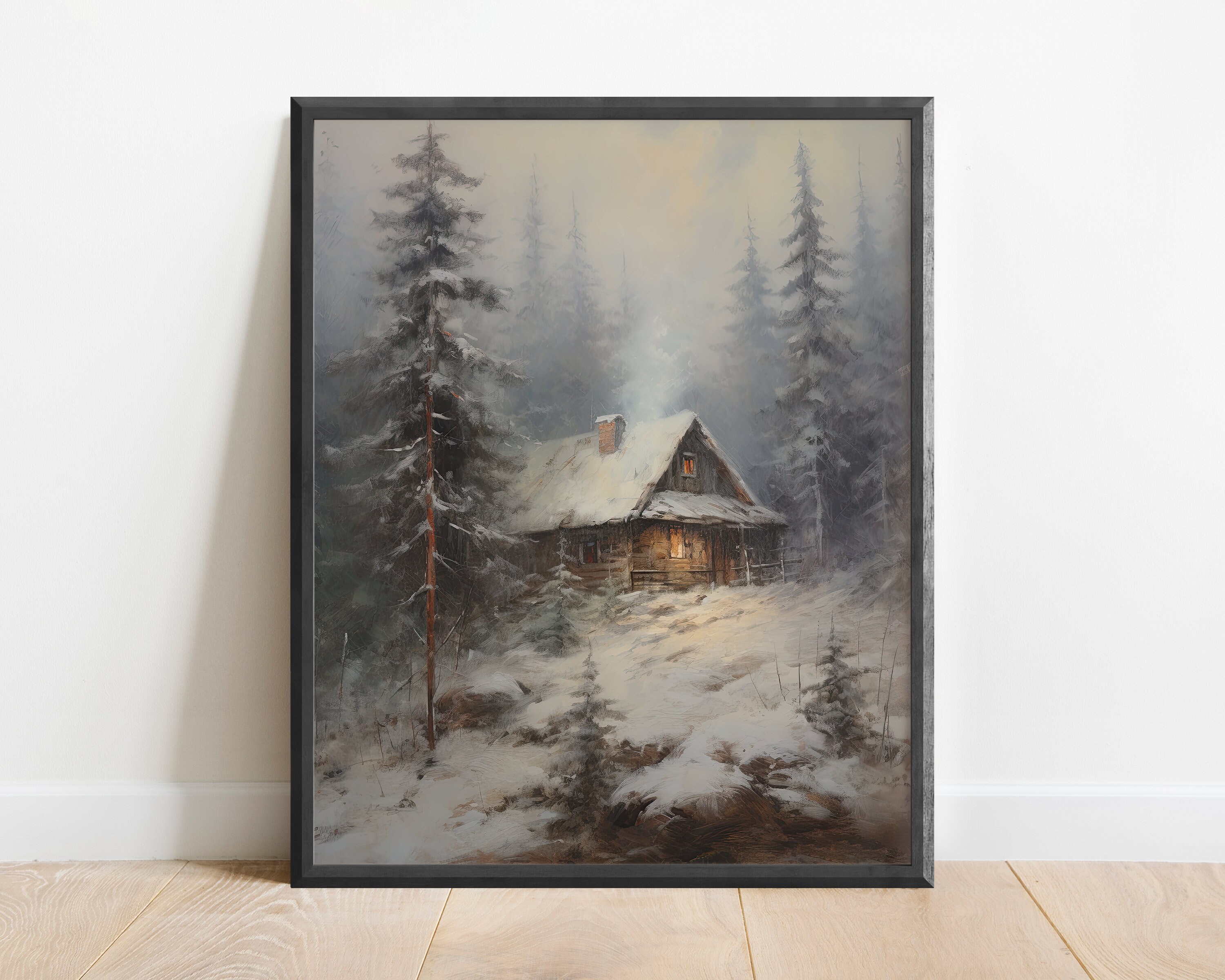 Log Cabin Forest Oil Painting, Dark Academia Decor, Dark Wall Art, Dark ...