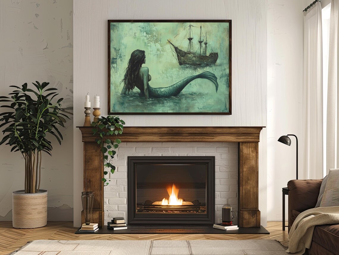 Dark Academia Mermaid Oil Painting Print, Dark Wall Art, Moody Decor ...