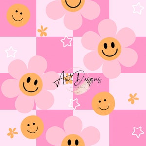 Pink Checkered Flower Smileys Retro Seamless - Etsy