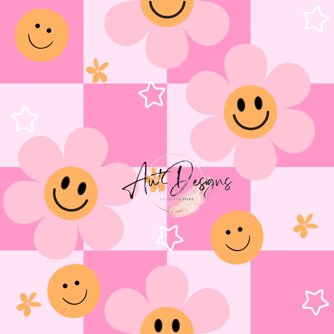 Pink Checkered Flower Smileys Retro Seamless - Etsy