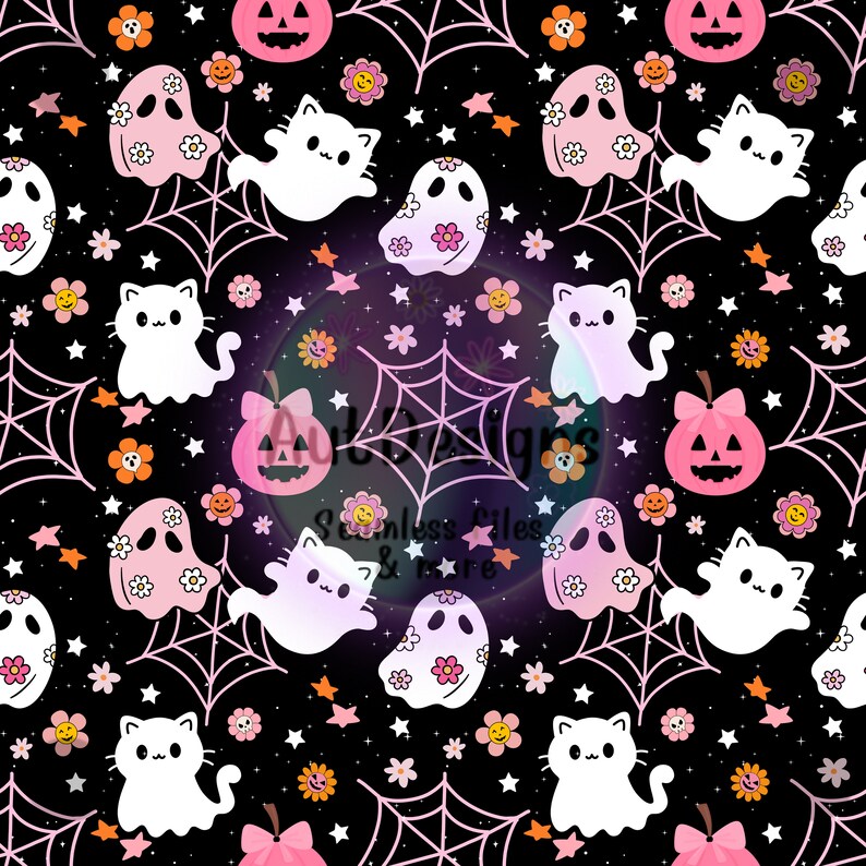 Girly Halloween Cat Ghosts Seamless File Repeating Pattern Pink - Etsy