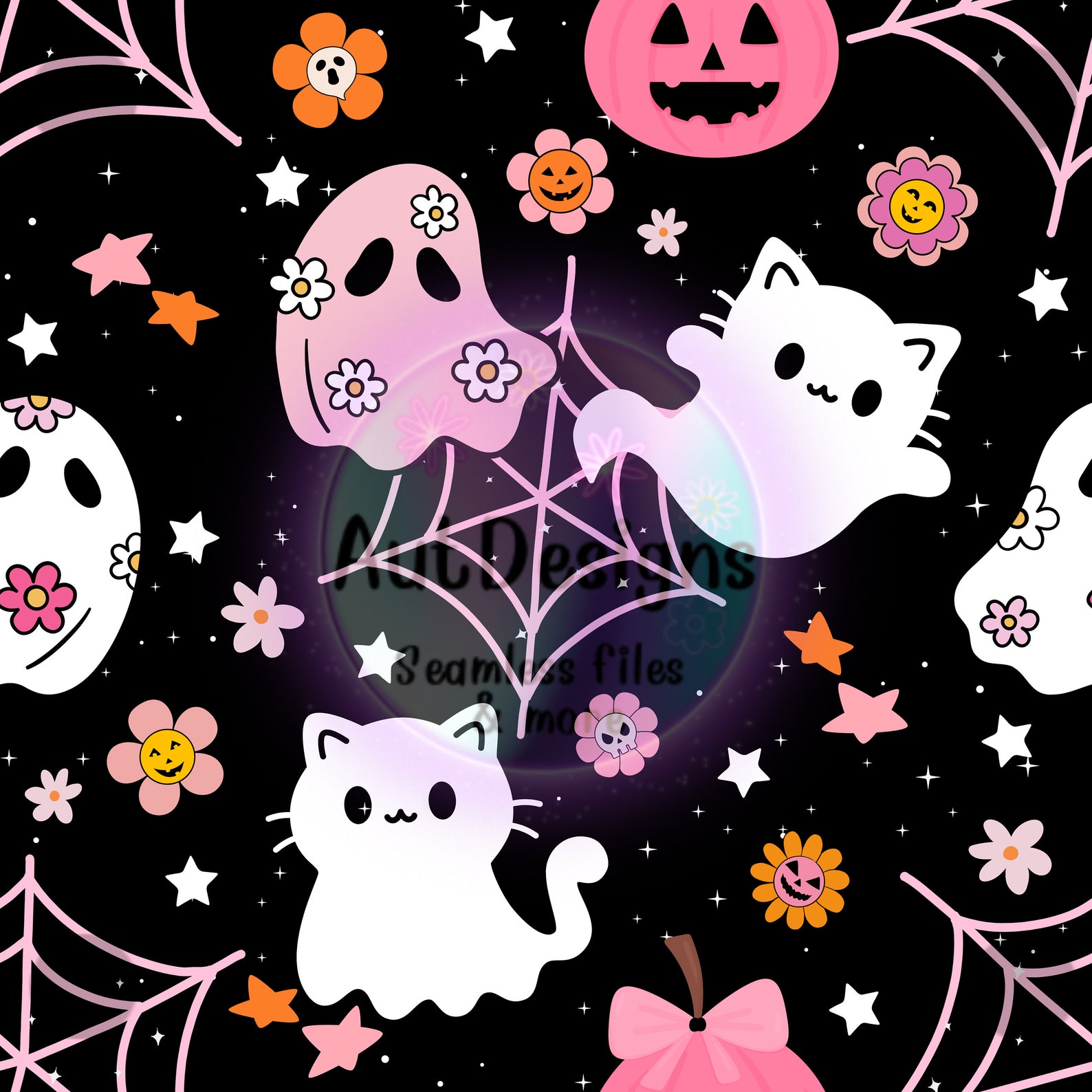 Girly Halloween Cat Ghosts Seamless File Repeating Pattern Pink - Etsy