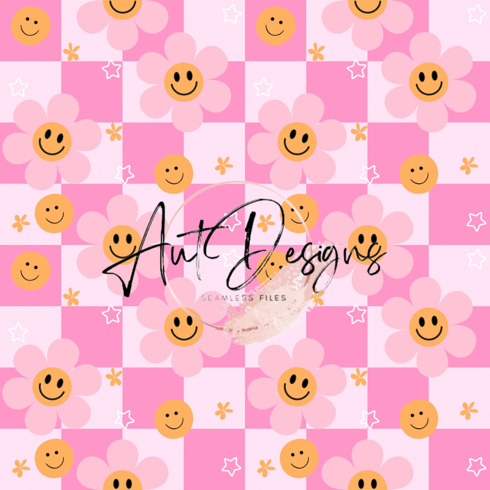 Pink Checkered Flower Smileys Retro Seamless - Etsy