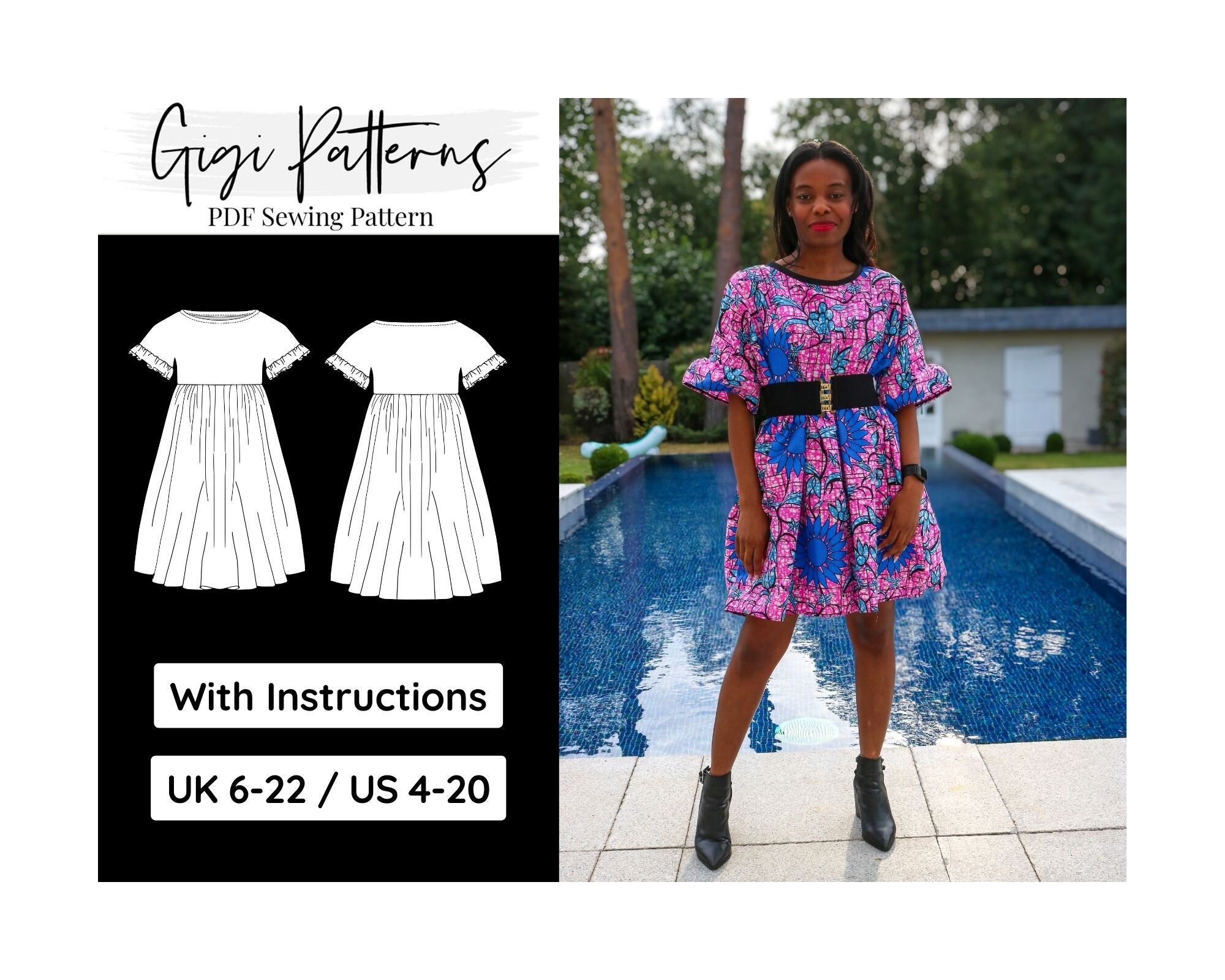 Short Sleeve Gathered Smock Dress Sewing Pattern Womens Dress Sewing ...