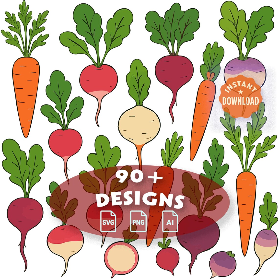 Root Vegetable Clipart Bundle SVG PNG AI – Carrot Radish Beet Turnip ...