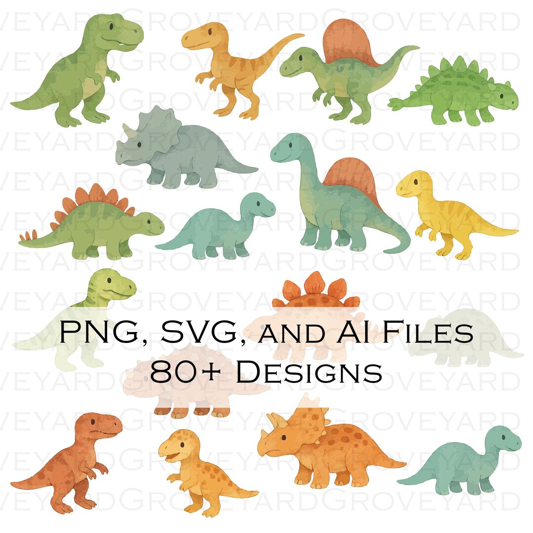 Watercolor Dinosaur Clipart Bundle SVG PNG – T-rex, Triceratops ...